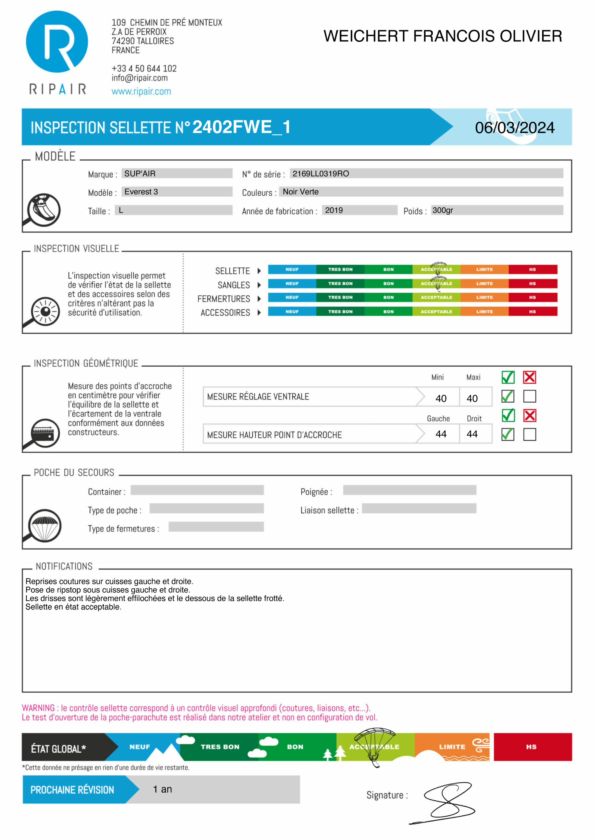 Sellette string Everest 3 SUPAIR L - SELLETTE OCCASION - RIPAIR